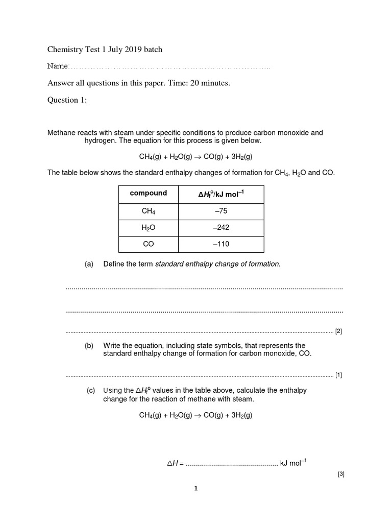 Chemistry Test 1 July 2019 Batch | PDF | Methane | Carbon Monoxide