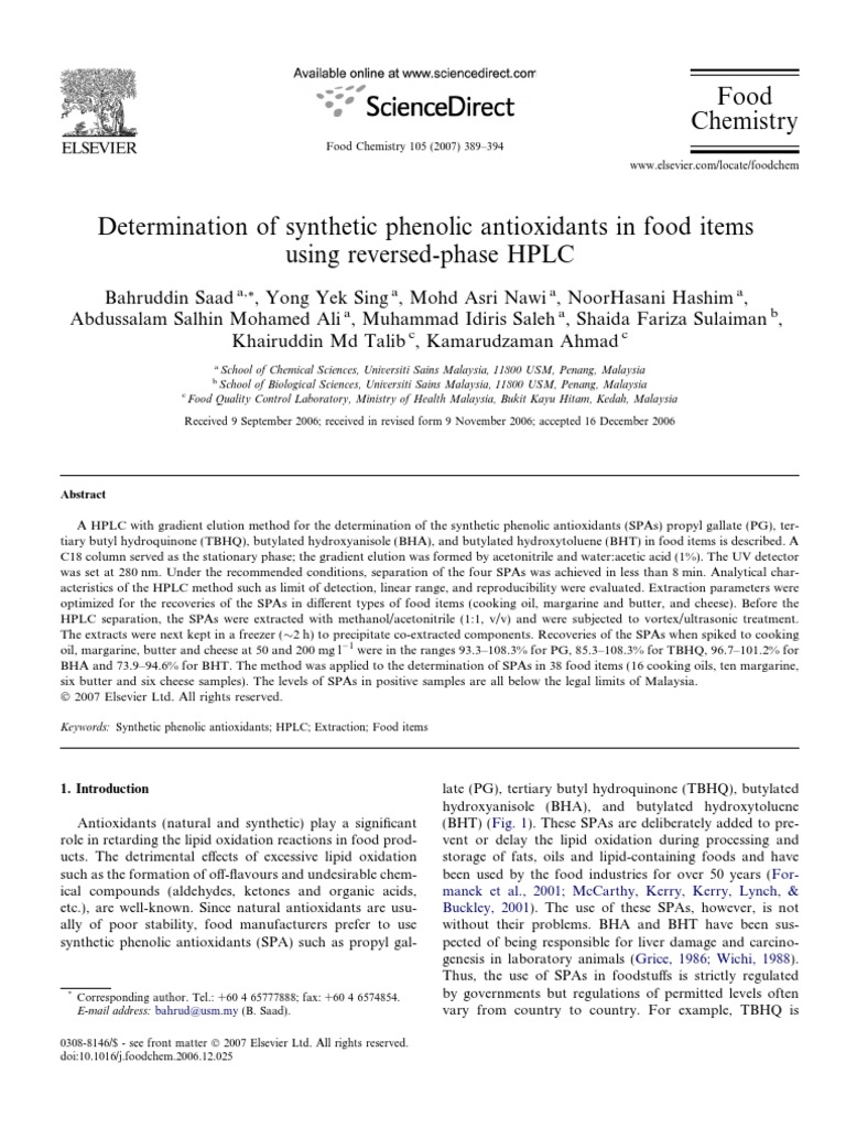 Determination of Synthetic Phenolic Antioxidants in Food Items Using ...