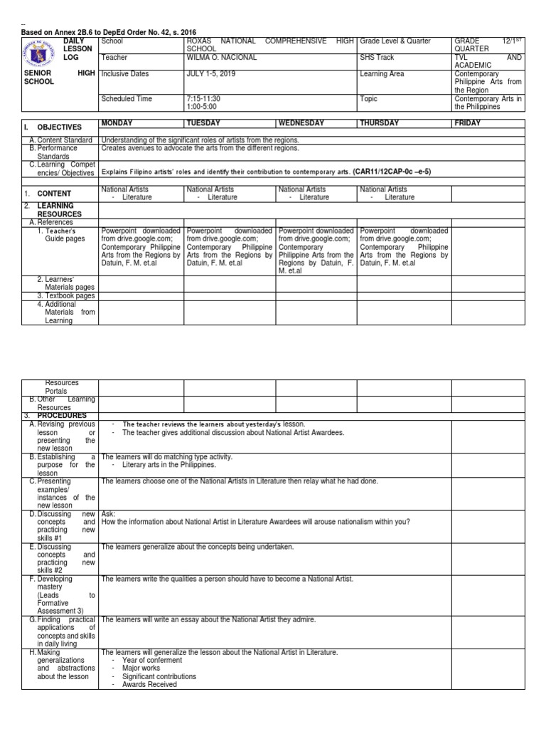 Based On Annex 2B.6 To Deped Order No. 42, S. 2016 Daily Lesson Log ...
