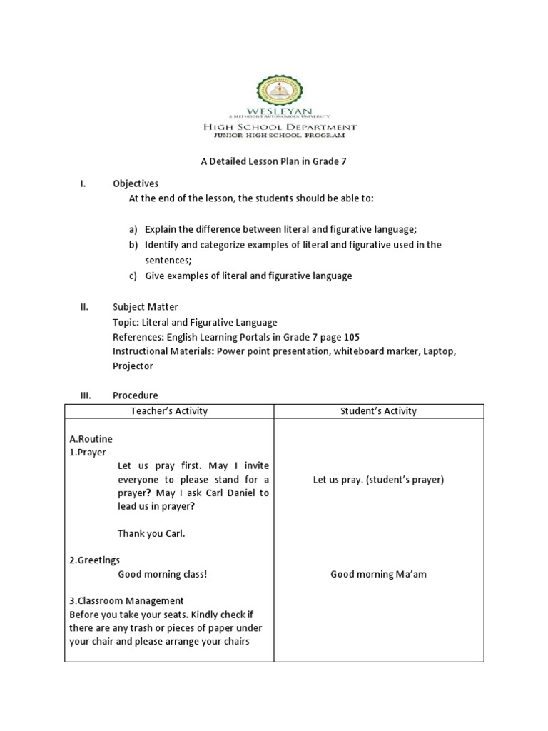 Figurative Language Detailed Lesson Plan | PDF | Lesson Plan | Prayer