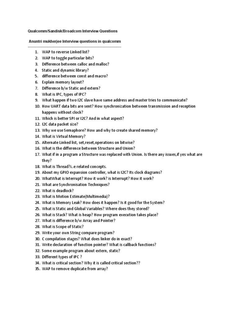 Qualcomm/Sandisk/Broadcom Interview Questions Anuntri Mukherjee Interview Questions in Qualcomm ...