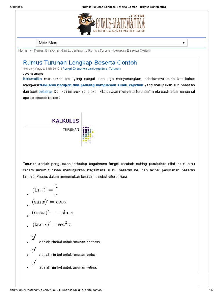 Rumus Turunan Lengkap Beserta Contoh - Rumus Matematika | PDF