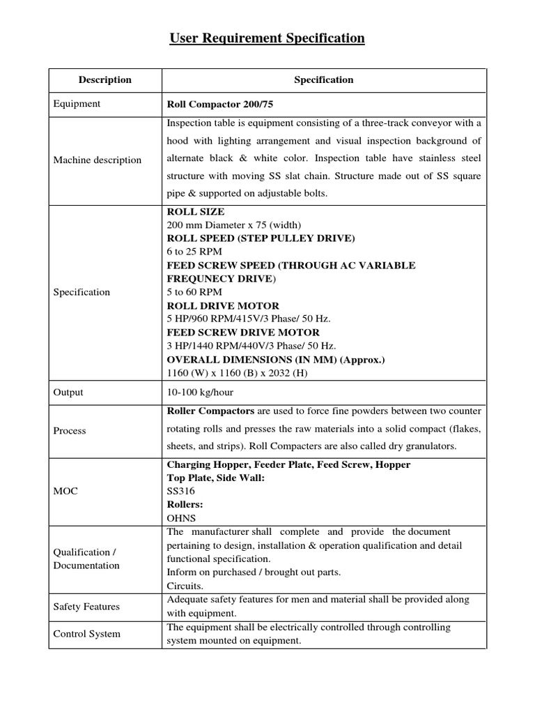User Requirement Specification | PDF | Screw | Specification (Technical ...