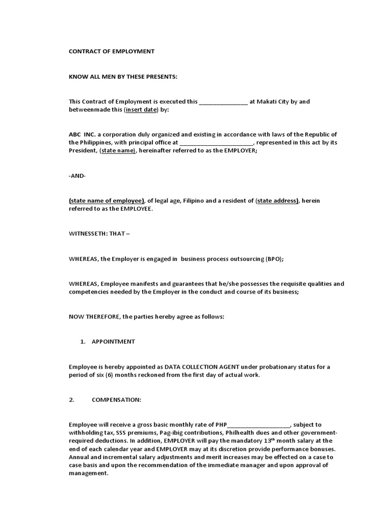 CONTRACT of Employment (Probationary) | PDF | Overtime | Employment
