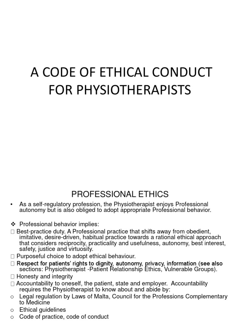 Code of Ethical Conduct | PDF | Autonomy | Physical Therapy