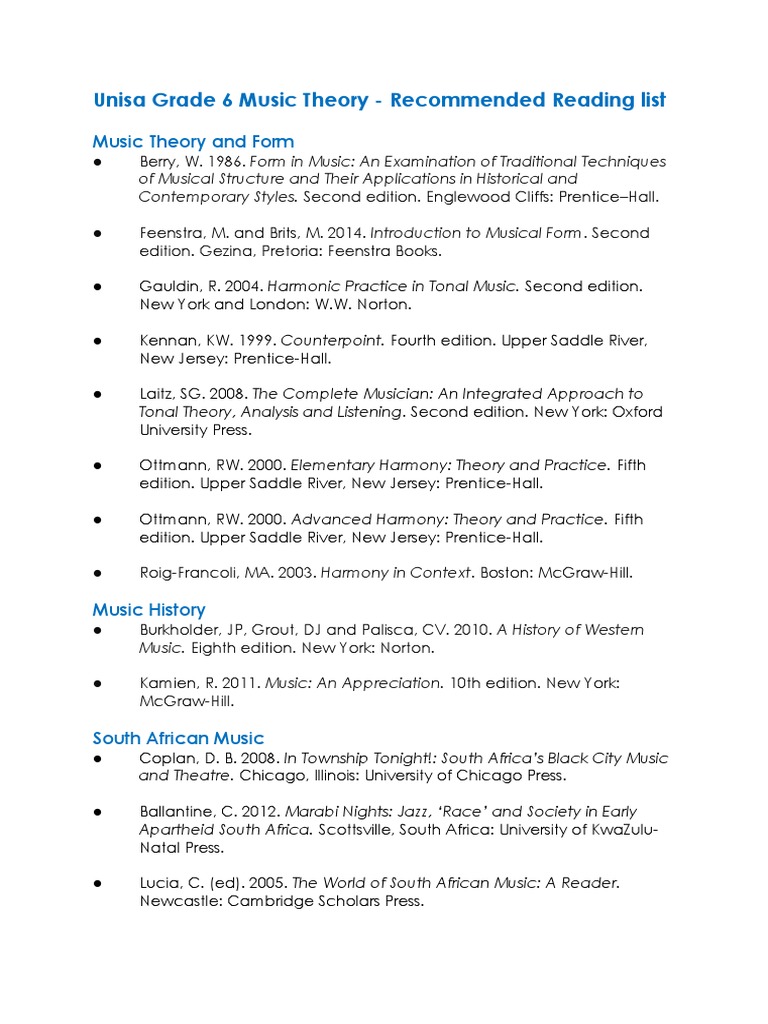 Recommended Reading List Theory of Music Grade 6 | PDF