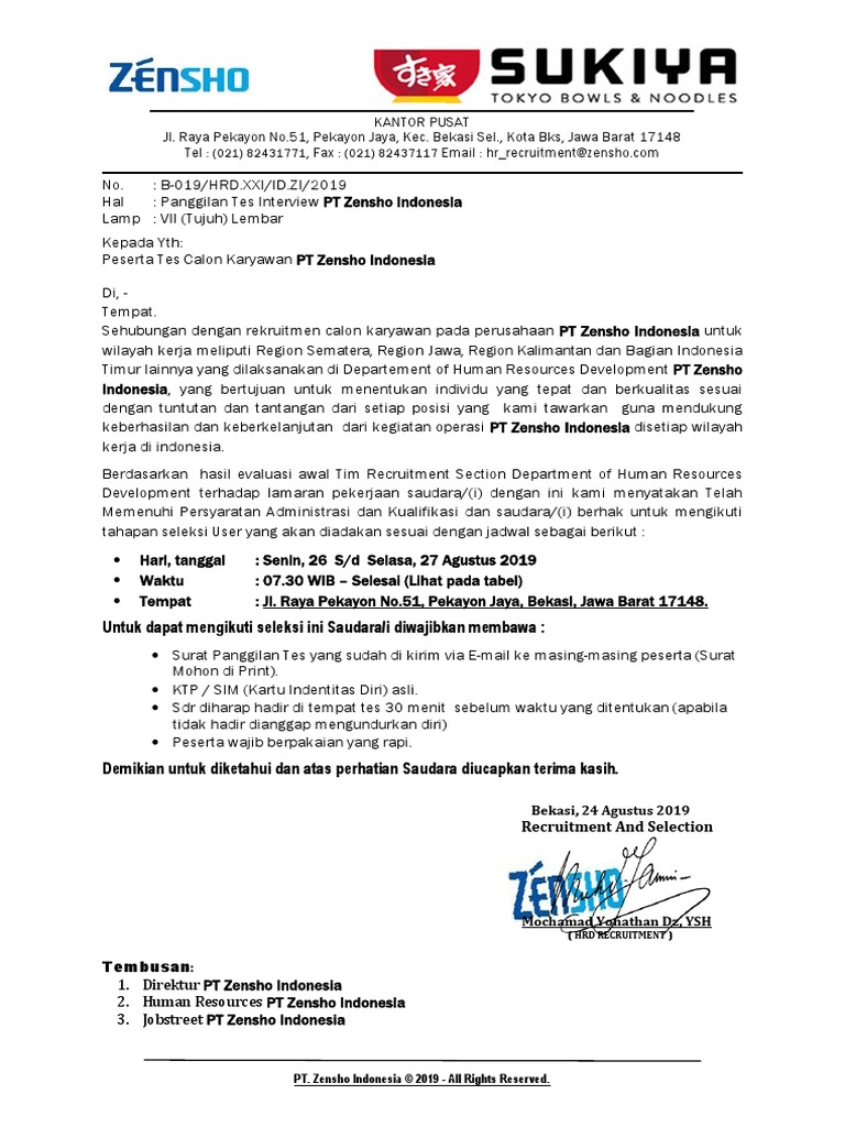 Panggilan Tes Interview PT Zensho Indonesia | PDF