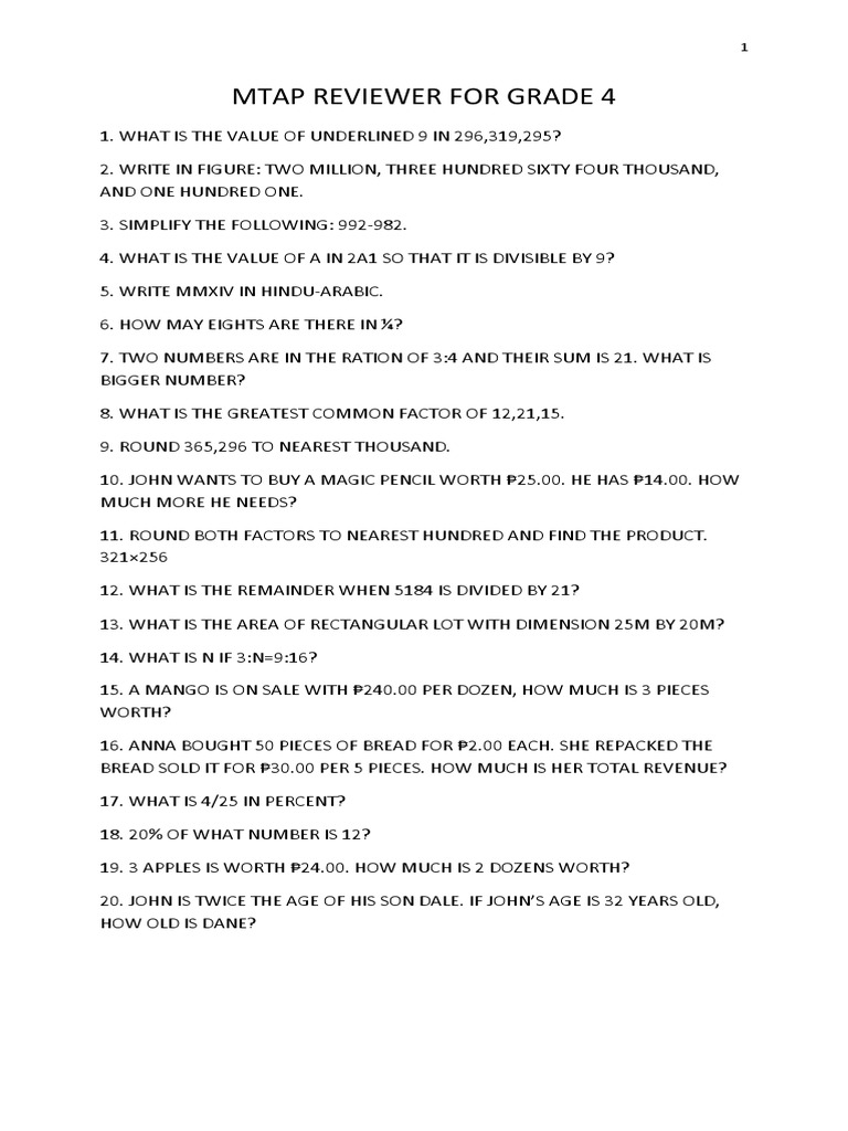 Mtap Reviewer For Grade 4 | PDF