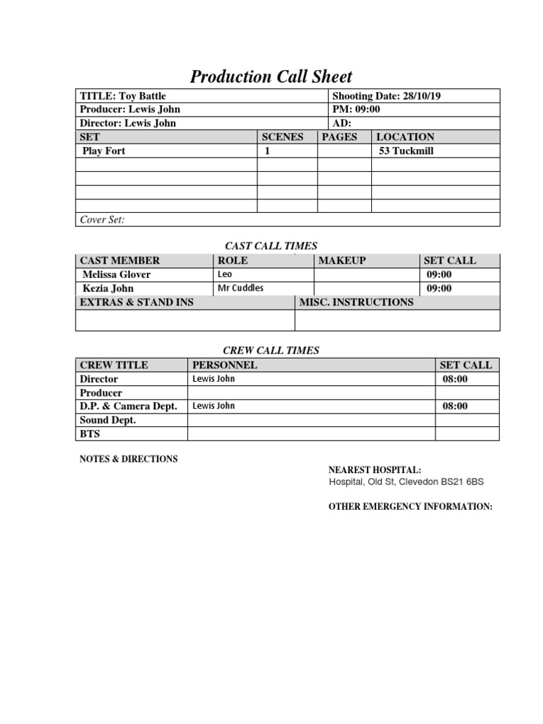 Call Sheet 28 10 19 | PDF