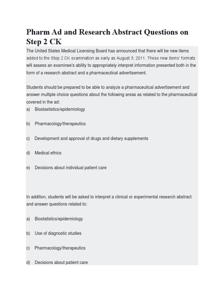 Pharm Ad and Research Abstract Questions On Step 2 CK | PDF | United ...