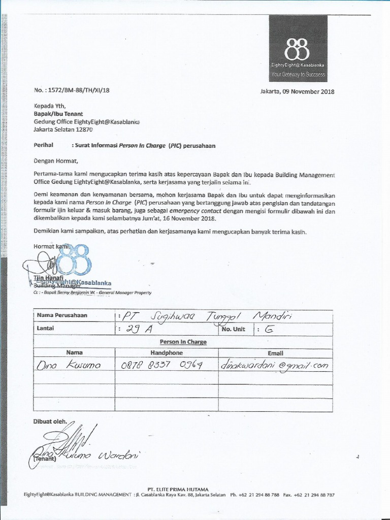 Surat Informasi PIC Perusahaan | PDF