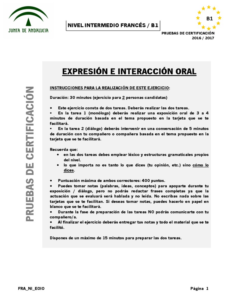 Oral Eoi Francés B1 Andalucia | PDF