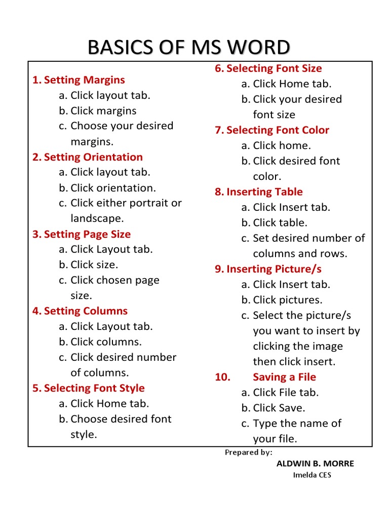 Basics of MS Word Instructions | PDF