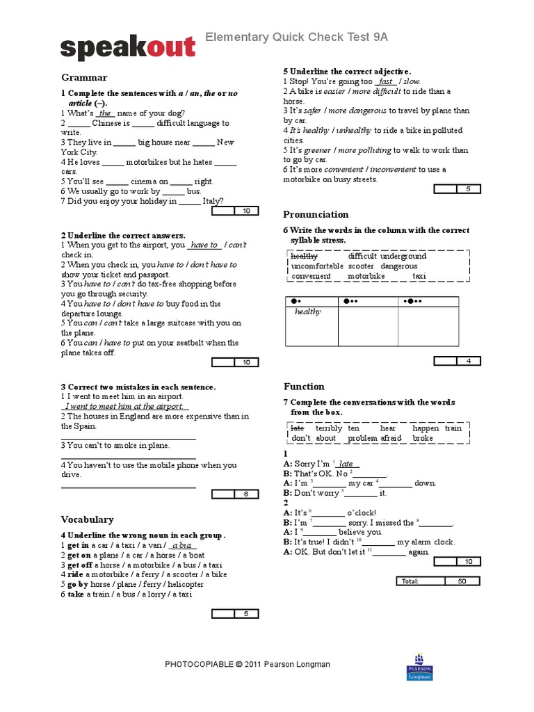Elementary Quick Check Test 9A: Grammar | PDF | Languages | Language ...