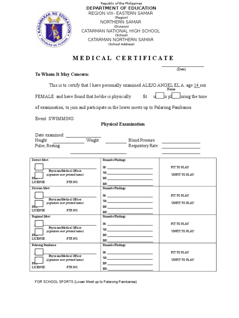 Athlete Medical Certificate Form | PDF | Physical Examination | Health ...