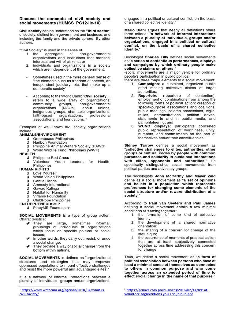 Review Notes Concepts of Civil Society and Social Movements | PDF ...