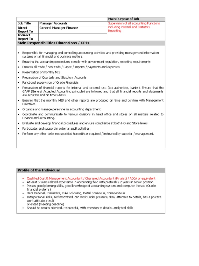Manager Accounts Job Description | PDF | Business | Finance & Money ...