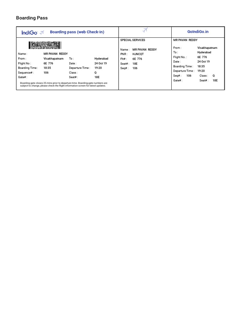 Indigo Web Check In Boarding Pass