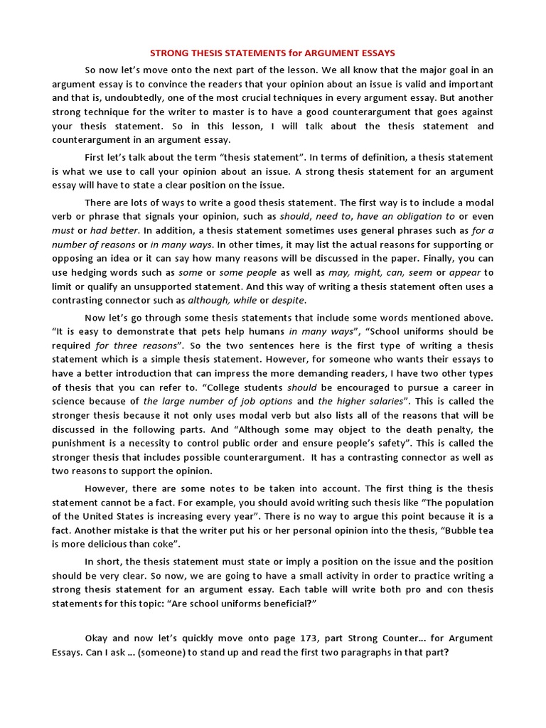 Writing Chi Thesis Statements And Counter Argument Pdf Essays Thesis