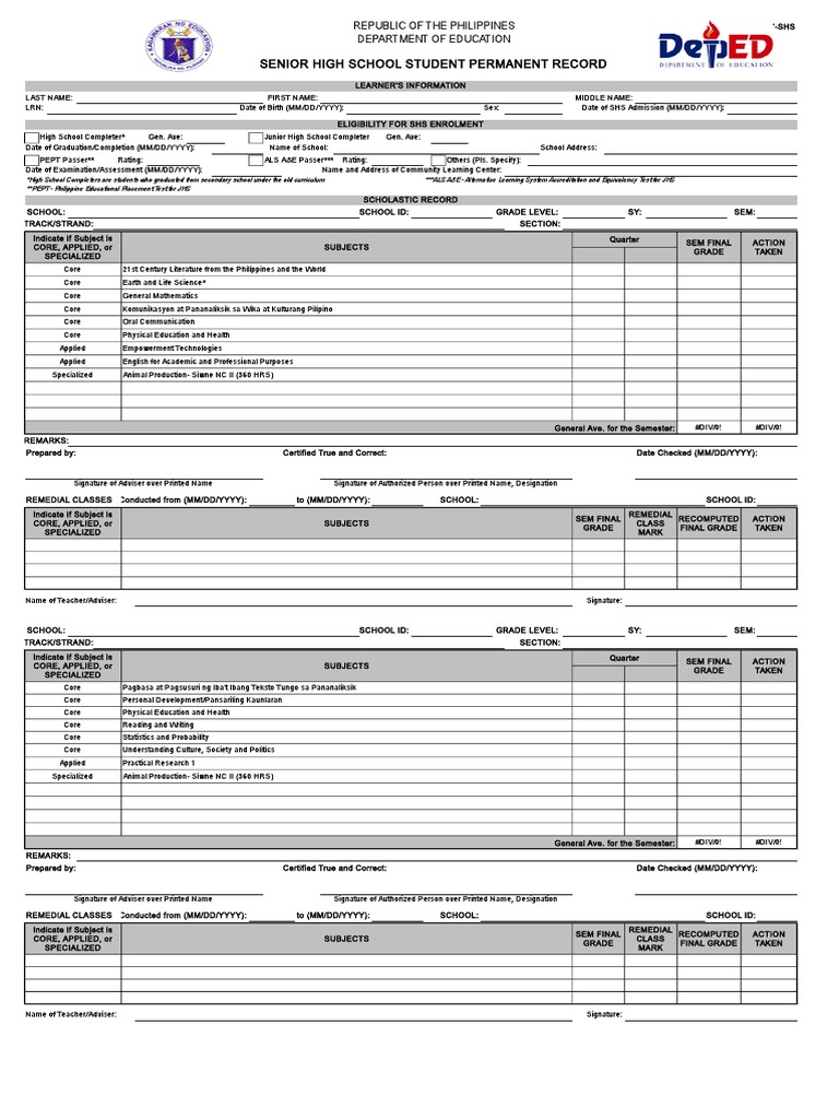 Senior High School Student Permanent Record: Republic of The ...