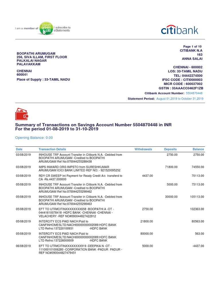 Boopathi Citibank Savings Account Statement-01August2019-31October2019 ...