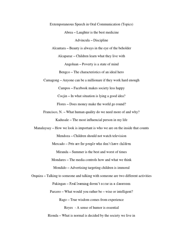 Extemporaneous Speech Topics for Students | PDF | Mind | Psychological ...