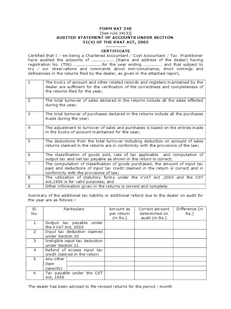 Form Vat 240 Audited Statement of Accounts Under Section 31 (4) OF THE ...