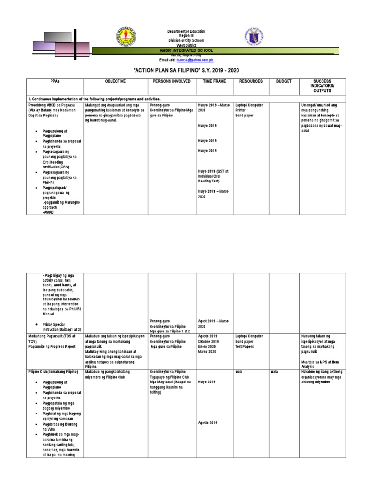 FILIPINO Action PLan 2019 2020 Autosaved | PDF