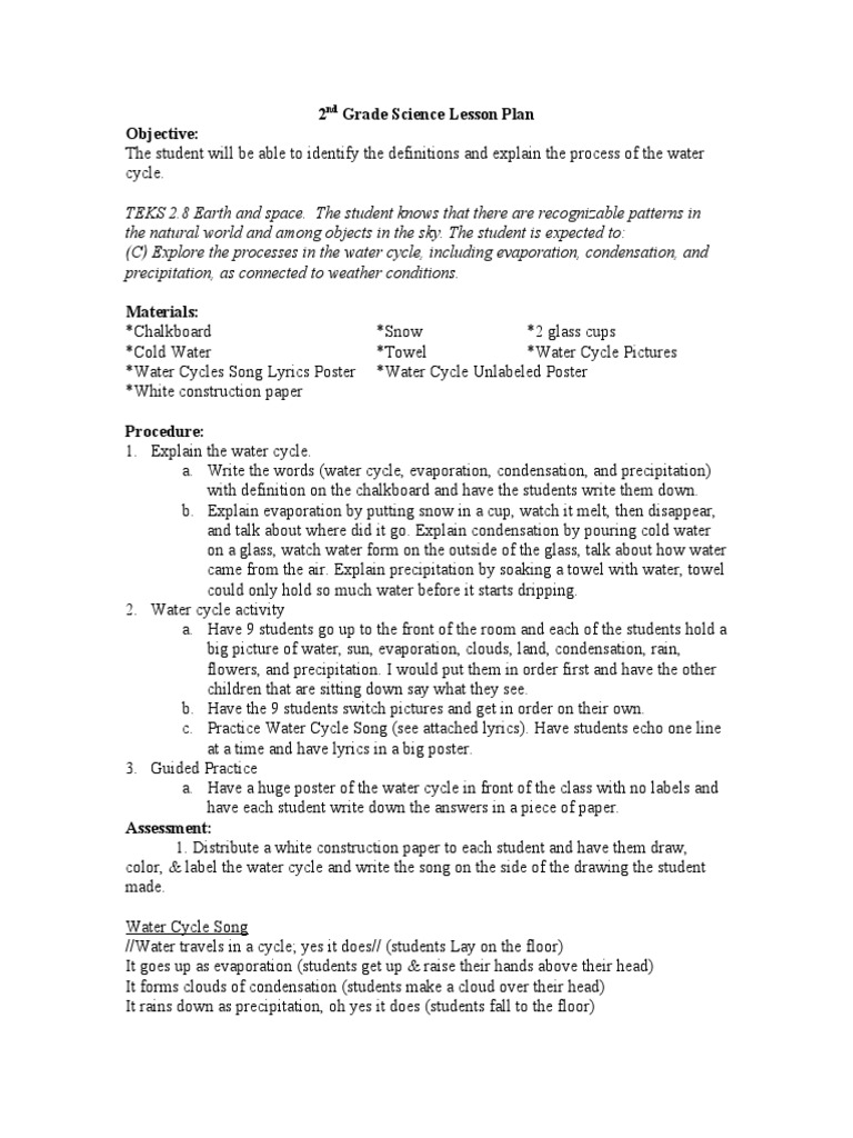 2nd Grade Science Lesson Plan | PDF | Water Cycle | Water