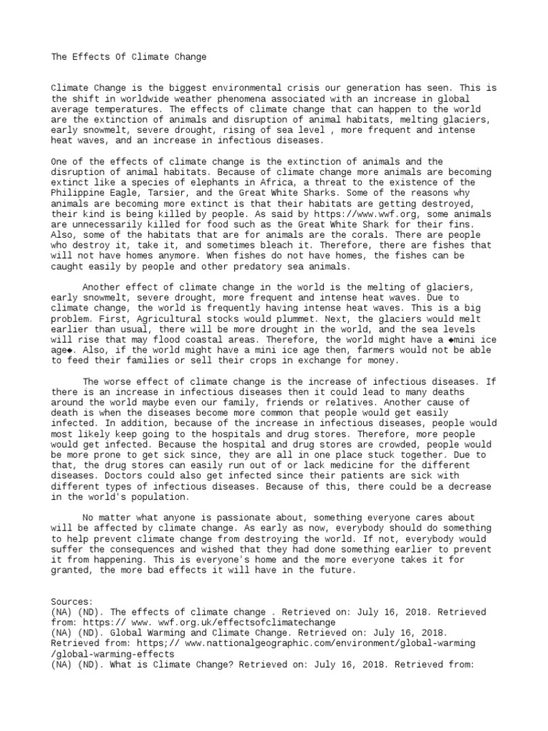 The Effects of Climate Change SAMPLE ESSAY | PDF | Effects Of Global ...