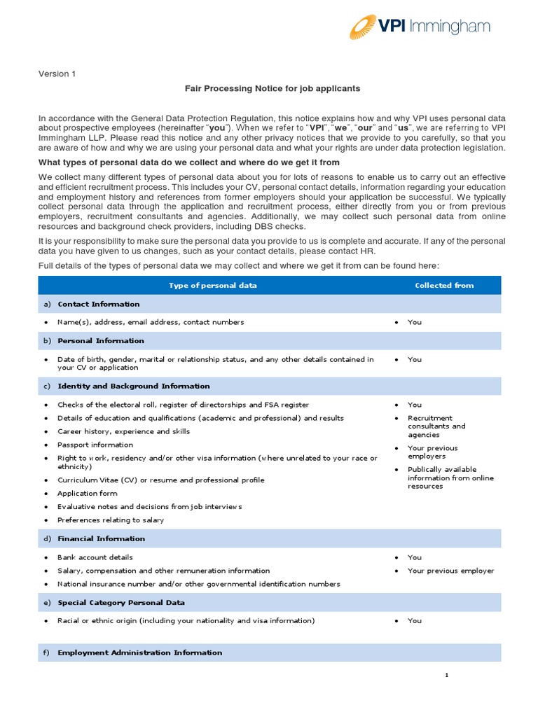 Fair Processing Notice For Job Applicants: Type of Personal Data ...