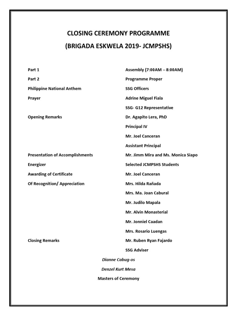 Closing Ceremony Programme (Brigada Eskwela 2019-Jcmpshs) : Dianne ...