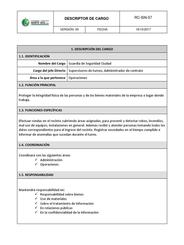 RC-IsN-57 Descriptor de Cargo Guardia de Seguridad Ciudad | PDF | Business