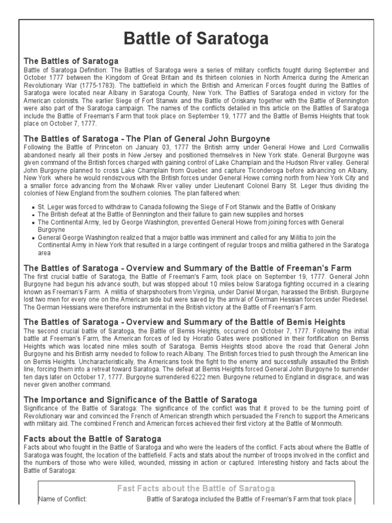 Battle of Saratoga Info Text | PDF | Military Of The United States ...