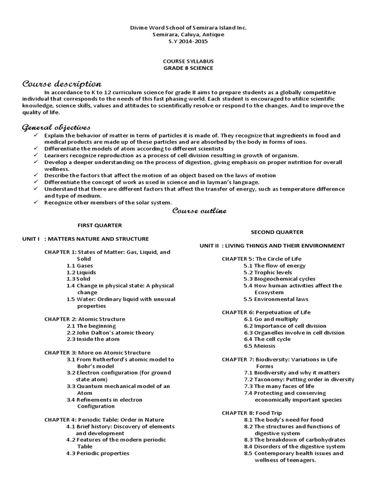 Course Syllabus - Science 8 | PDF | Atoms | Science