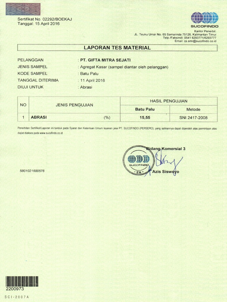 Hasil Uji Lab Batu Palu | PDF
