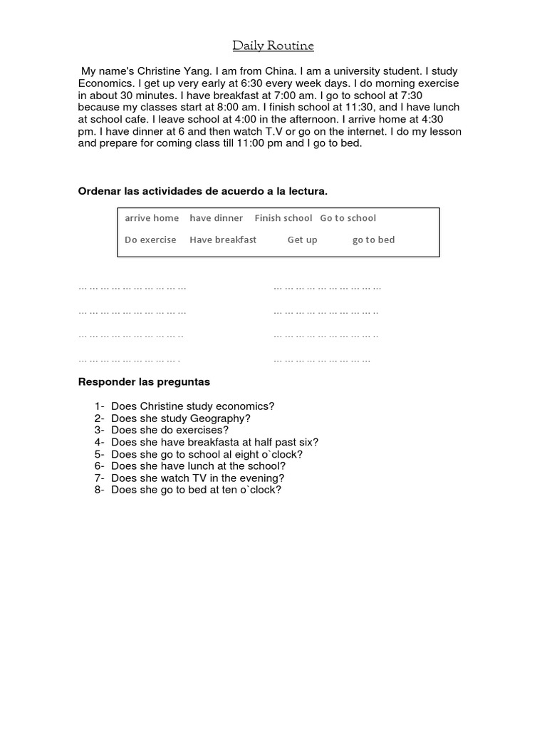 Daily Routine Worksheet | PDF