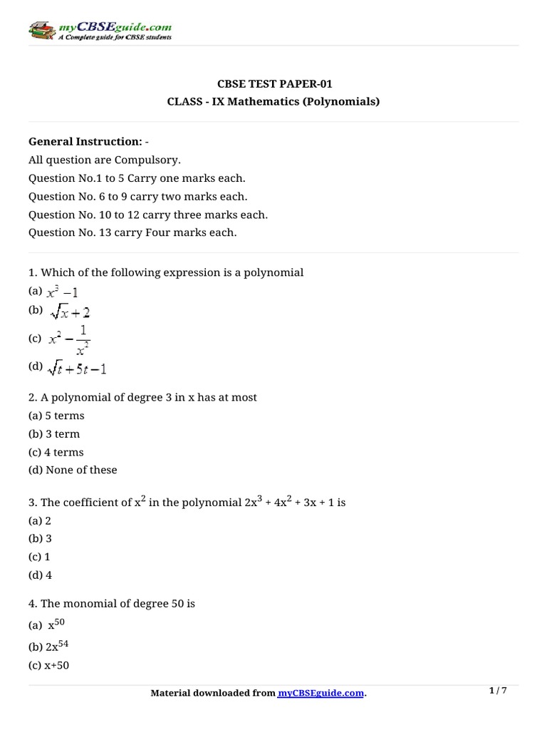 CLASS - IX Mathematics (Polynomials) : Material Downloaded From - 1 / 7 | Download Free PDF ...