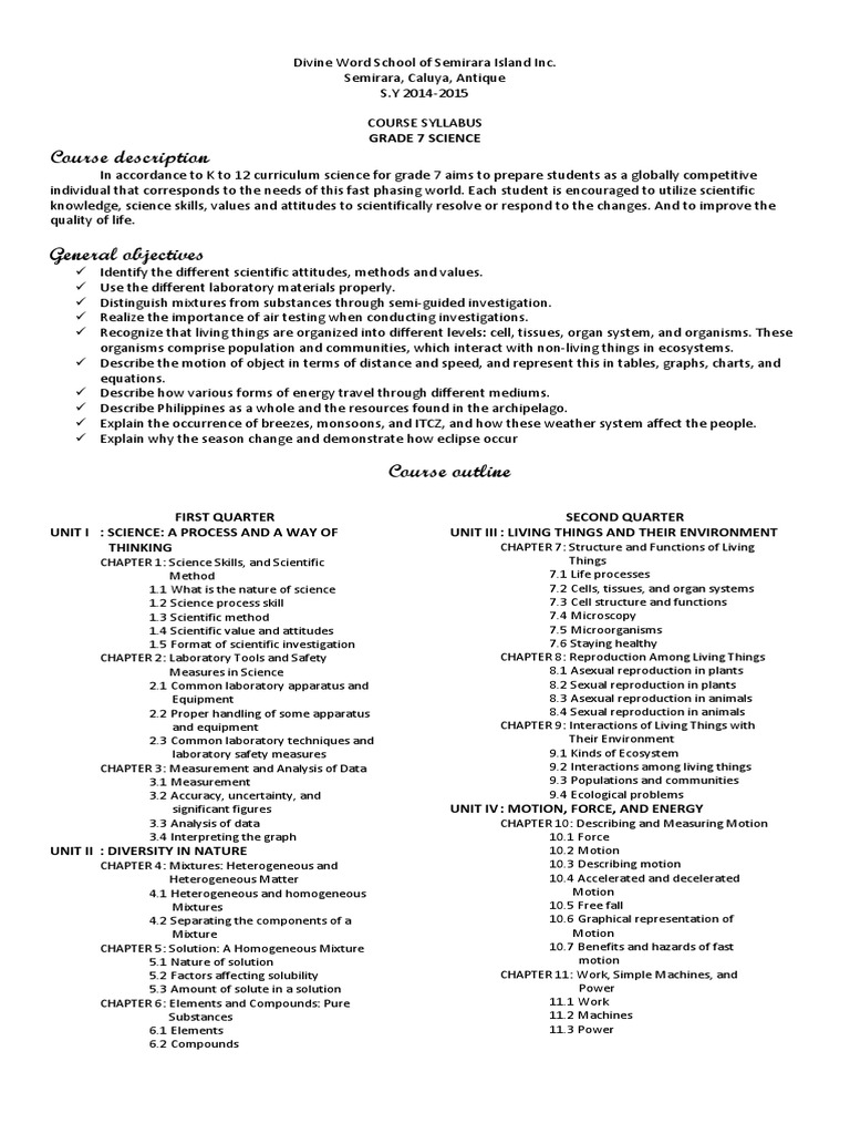 Grade 7 Science Syllabus | PDF | Life | Science