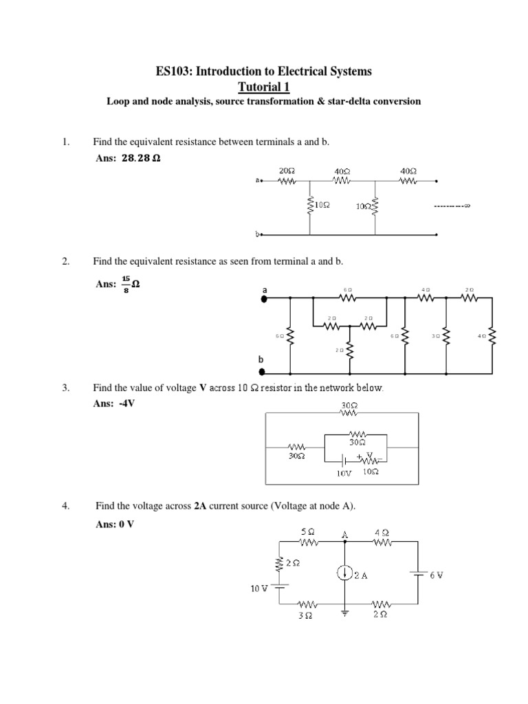 ES103: Introduction To Electrical Systems Tutorial 1 | PDF