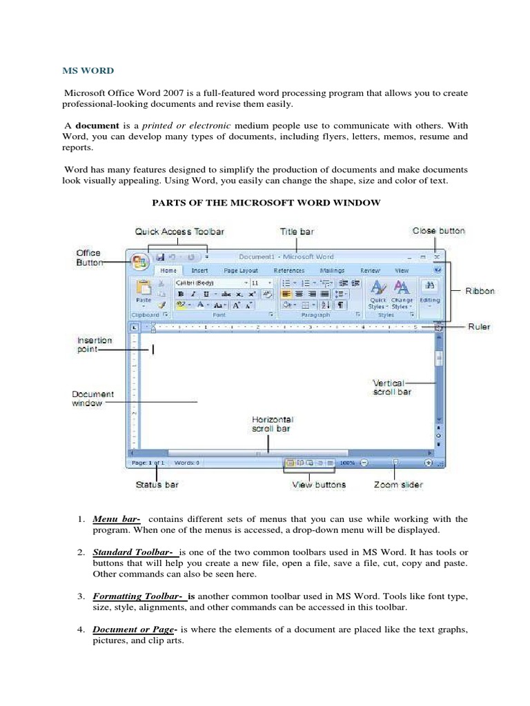 Ms Word: Parts of The Microsoft Word Window | PDF | Microsoft Word ...