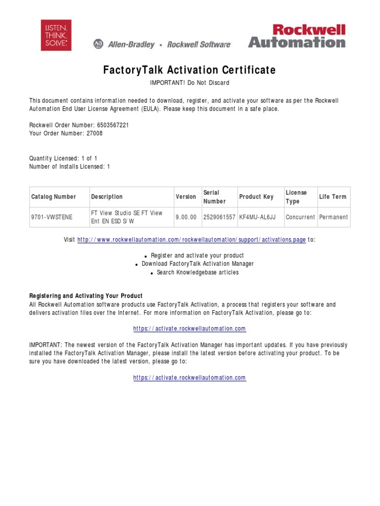 Factorytalk Activation Certificate: Important! Do Not Discard | PDF