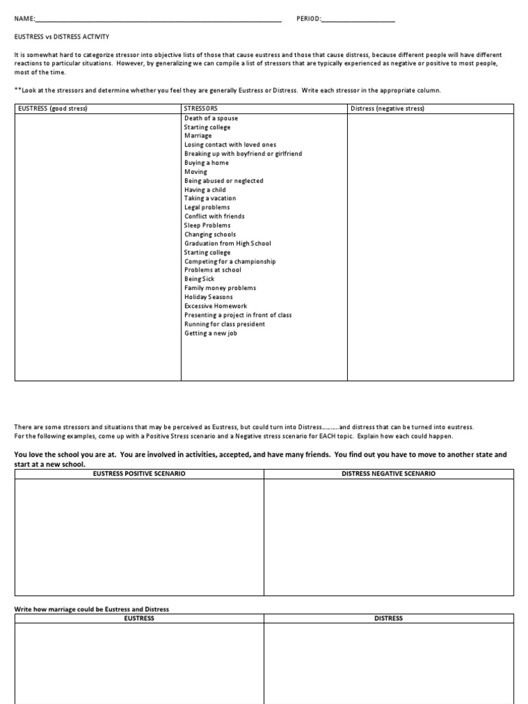 Eustress Distress Workshee | PDF | Human Homeostasis | Stress (Biology)