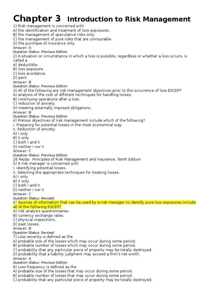 Introduction To Risk Management: Question Status: Previous Edition ...