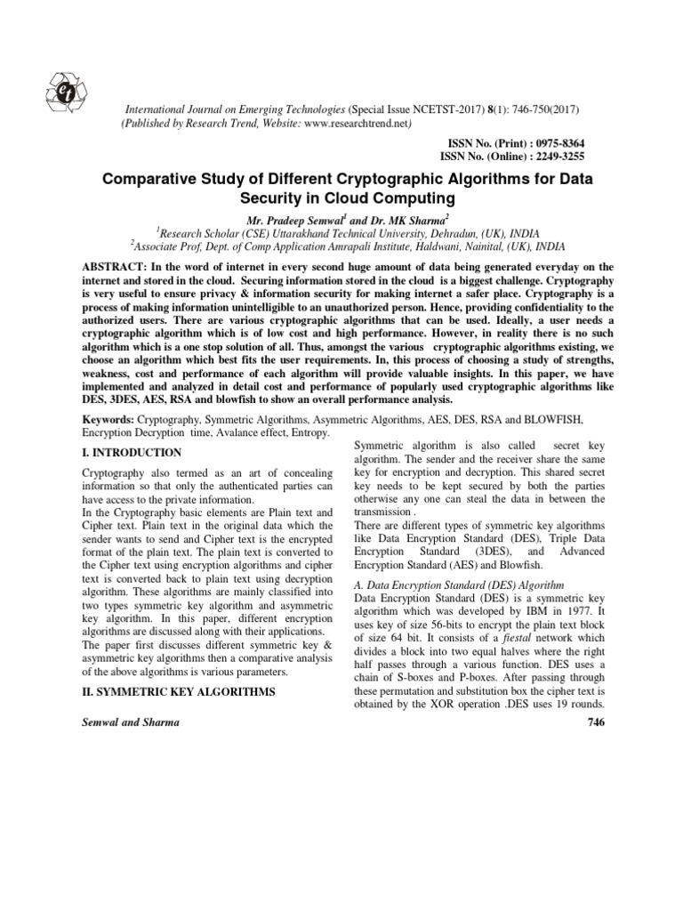 Comparative Study of Different Cryptographic Algorithms For Data Security in Cloud Computing ...