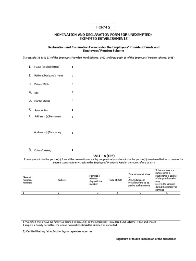 Nomination and Declaration Form For Unexempted/ Exempted Establishments ...