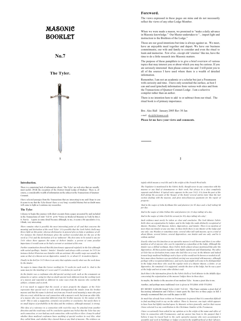 Masonic Booklet: The Tyler | PDF | Freemasonry | Masonic Lodge