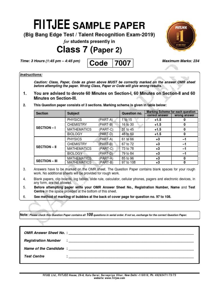 Fitjee Class 7 Ftre/ Big Bang 2019 Sample Papper | PDF | Celsius | Triangle