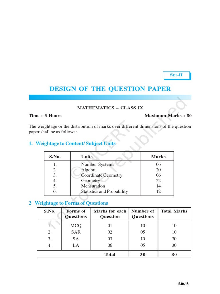 Design of The Question Paper: 1. Weightage To Content/ Subject Units ...