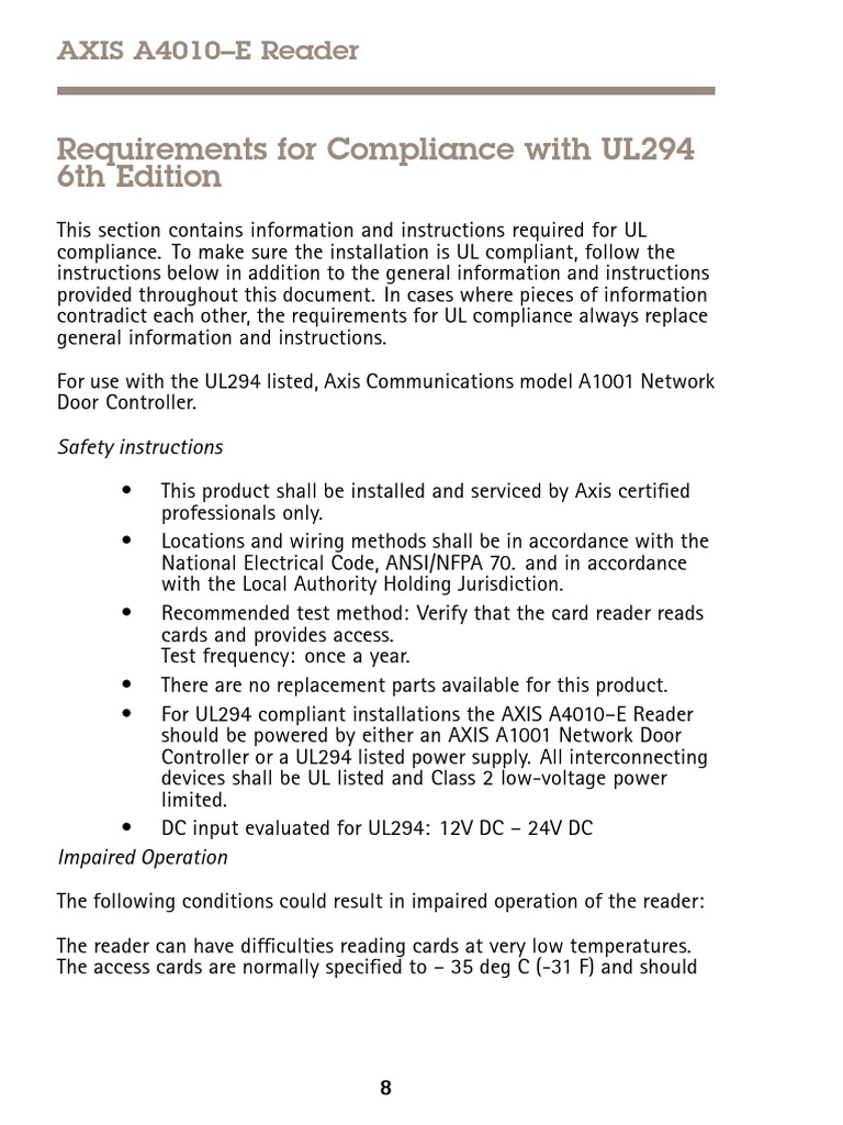 AXIS A4010–E Reader UL294 Compliance Guide | PDF | Electrical ...